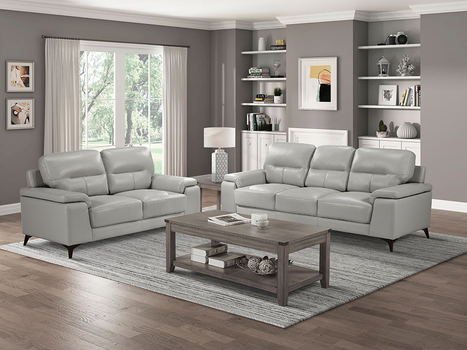 Seth Silver Gray Leather Sofa & Loveseat 2 Pcs Set | Rana